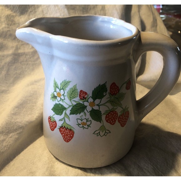 Unmarked | Kitchen | Vintage Strawberry Pitcher Kitchen Pottery White ...